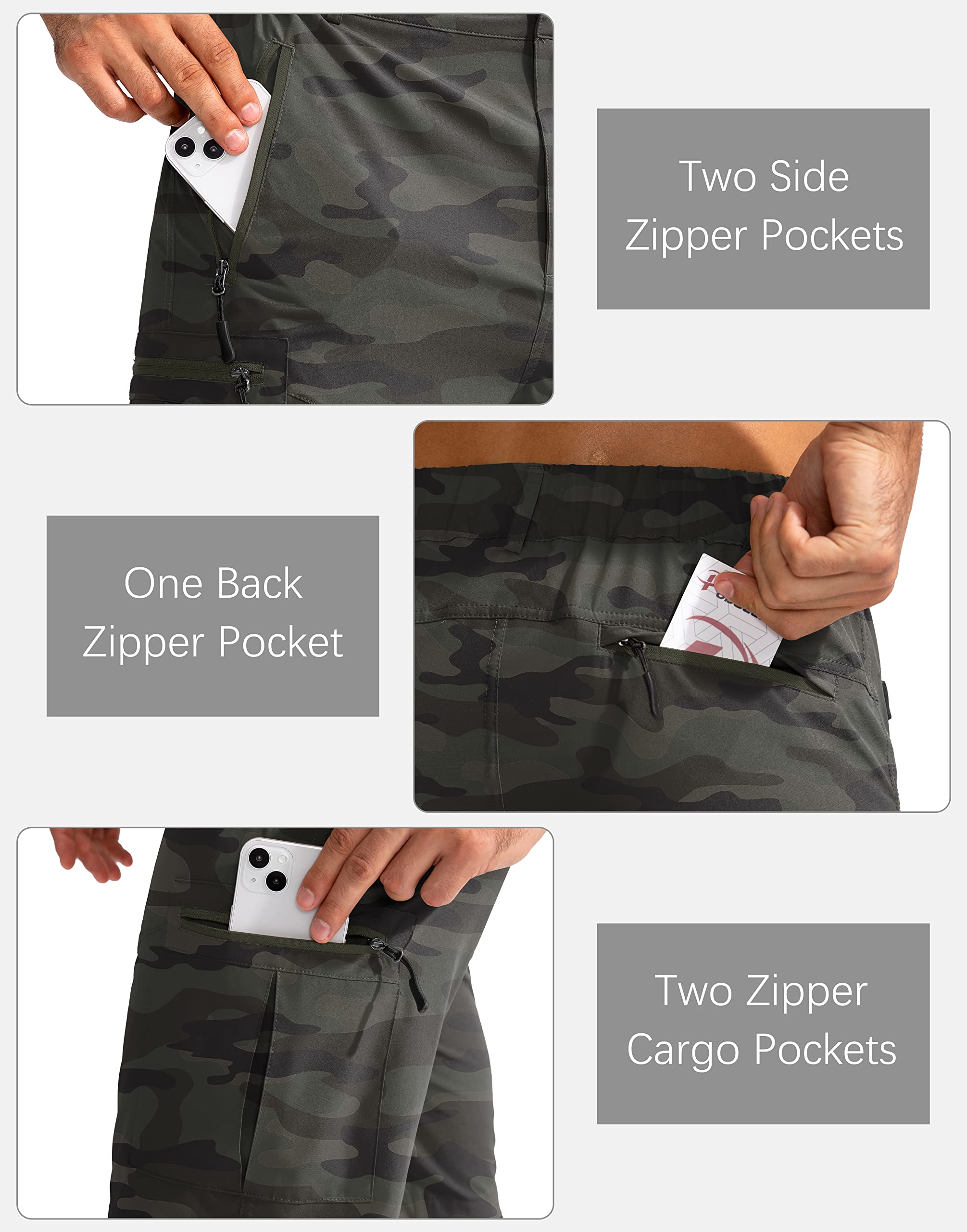 Pudolla Men's Hiking Cargo Shorts 9" Lightweight Outdoor Work Shorts for Men Travel Golf Camping Casual with 5 Zipper Pockets(Green Camo Large)