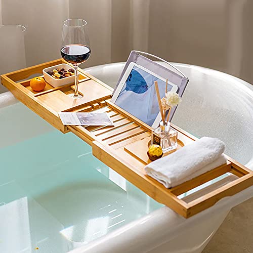 100% Natural Bamboo Bath Caddy Bridge – Extendable Bath Caddy Tray for Tub with Wine Glass Holder, Tablet, Kindle