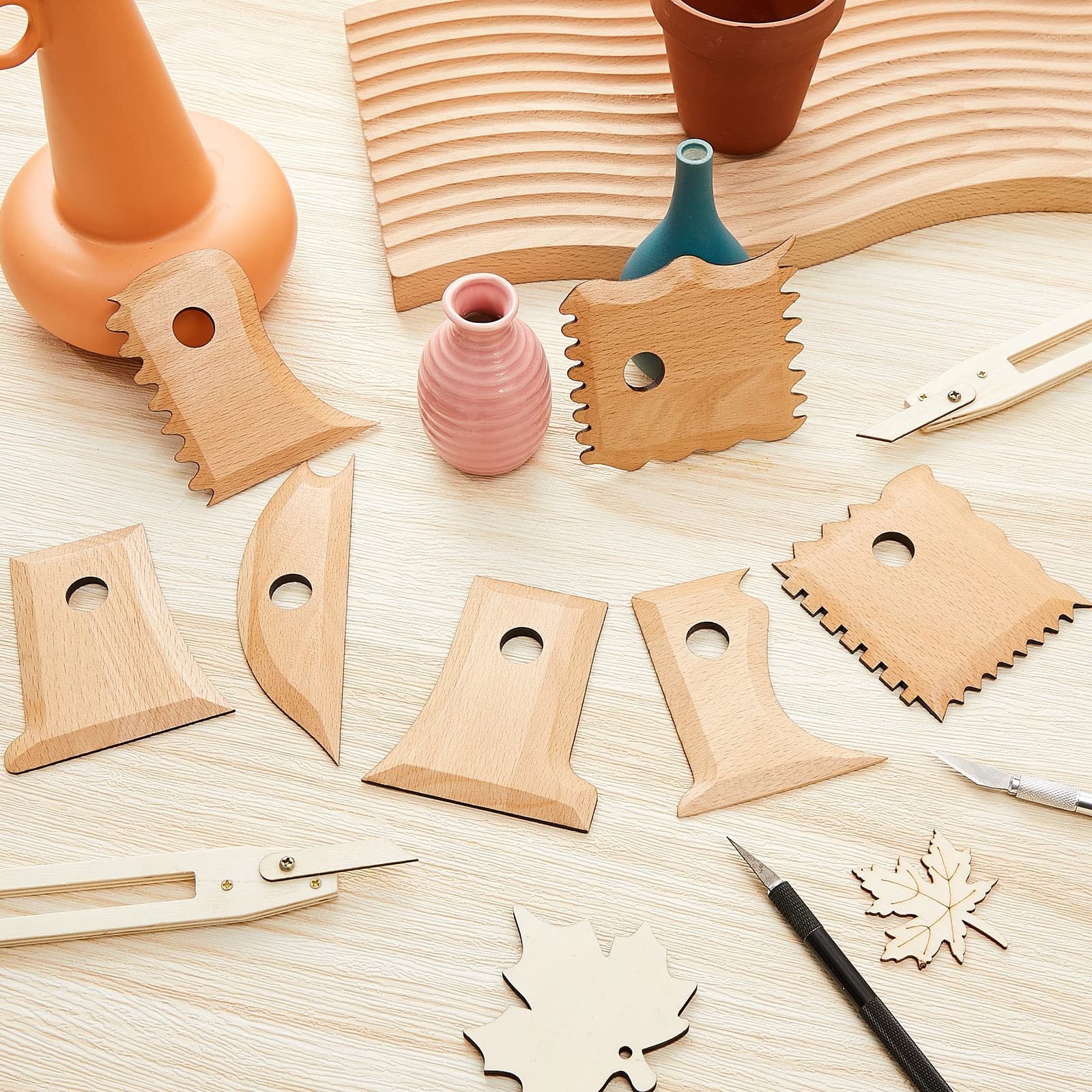 Amylove 7 Pcs Pottery Tools Pottery Foot Shaper Trimming Tools Profile Rib Bundle Foot Shaper for Ceramics for Carving Clay Molds Clay Texture Ribs Ceramics, Beech Wood, Stylish Style
