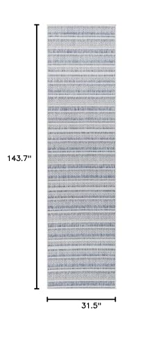 Hauteloom Emirgazi Hallway, Kitchen Patio Outdoor Runner Rug - Global - Blue, Gray - 2'7" x 12'