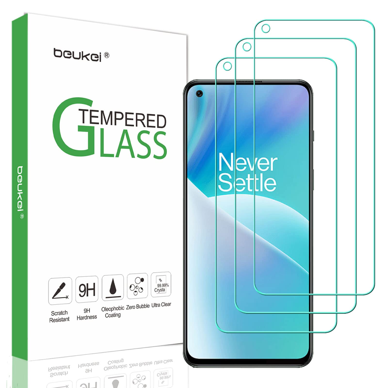 beukei (3 Pack) Compatible for OnePlus Nord CE 2 / OnePlus Nord 2T / OnePlus Nord 2 5G Screen Protector Tempered Glass,Touch Sensitive,Case Friendly, 9H Hardness