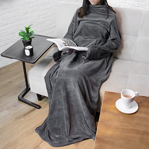 PAVILIA Premium Fleece Blanket with Sleeves for Women Men Adult, Wearable Blanket Warm Cozy, Super Soft Sleeved Throw with Arm, Gift for Women Mom Wife (Charcoal, Regular Pocket)