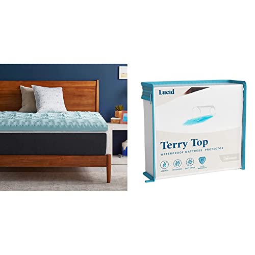 LUCID 3 Inch Gel Memory Foam Plush - Cooling Targeted Convoluted Comfort Zones Mattress Topper, Twin & Premium Hypoallergenic 100% Waterproof Mattress Protector - Universal Fit,White Twin