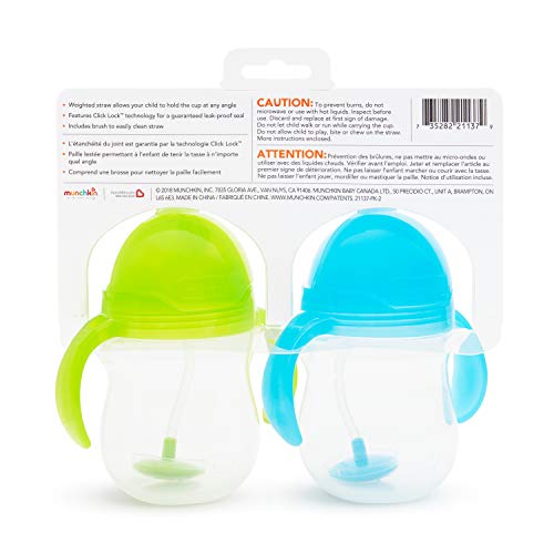 Munchkin® Any Angle™ Weighted Straw Trainer Cup with Click Lock™ Lid, 7 Ounce, 2 Pack, Blue/Green