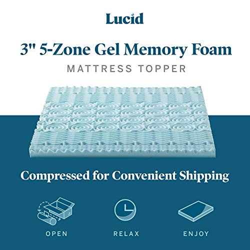 LUCID 3 Inch Gel Memory Foam Plush - Cooling Targeted Convoluted Comfort Zones Mattress Topper, Twin & Premium Hypoallergenic 100% Waterproof Mattress Protector - Universal Fit,White Twin