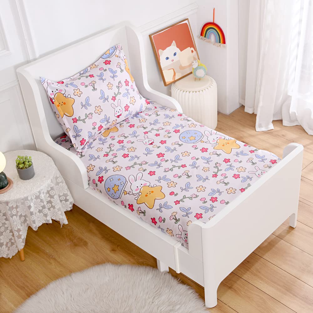 KWLOVER 2PC Soft Cute Bed Fitted Sheet and Pillowcase Set,Rabbit Stars Printed Sheets for Kids Twin Size Bed