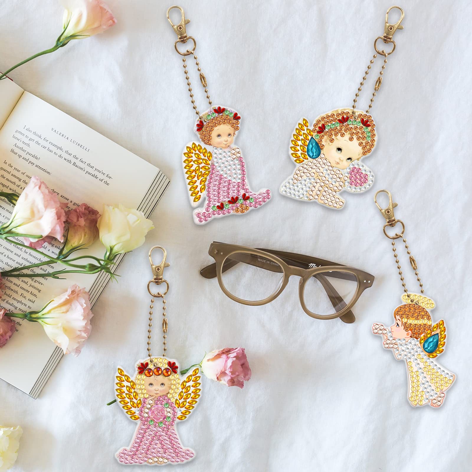 LUSandy 4pcs DIY 5D Angel Diamond Painting Keychain Kits Full Drill Special Shape Crystal Angel Diamond Art Key Chain Key Ring Set for Backpack Shoulder Bag Accessories Adults