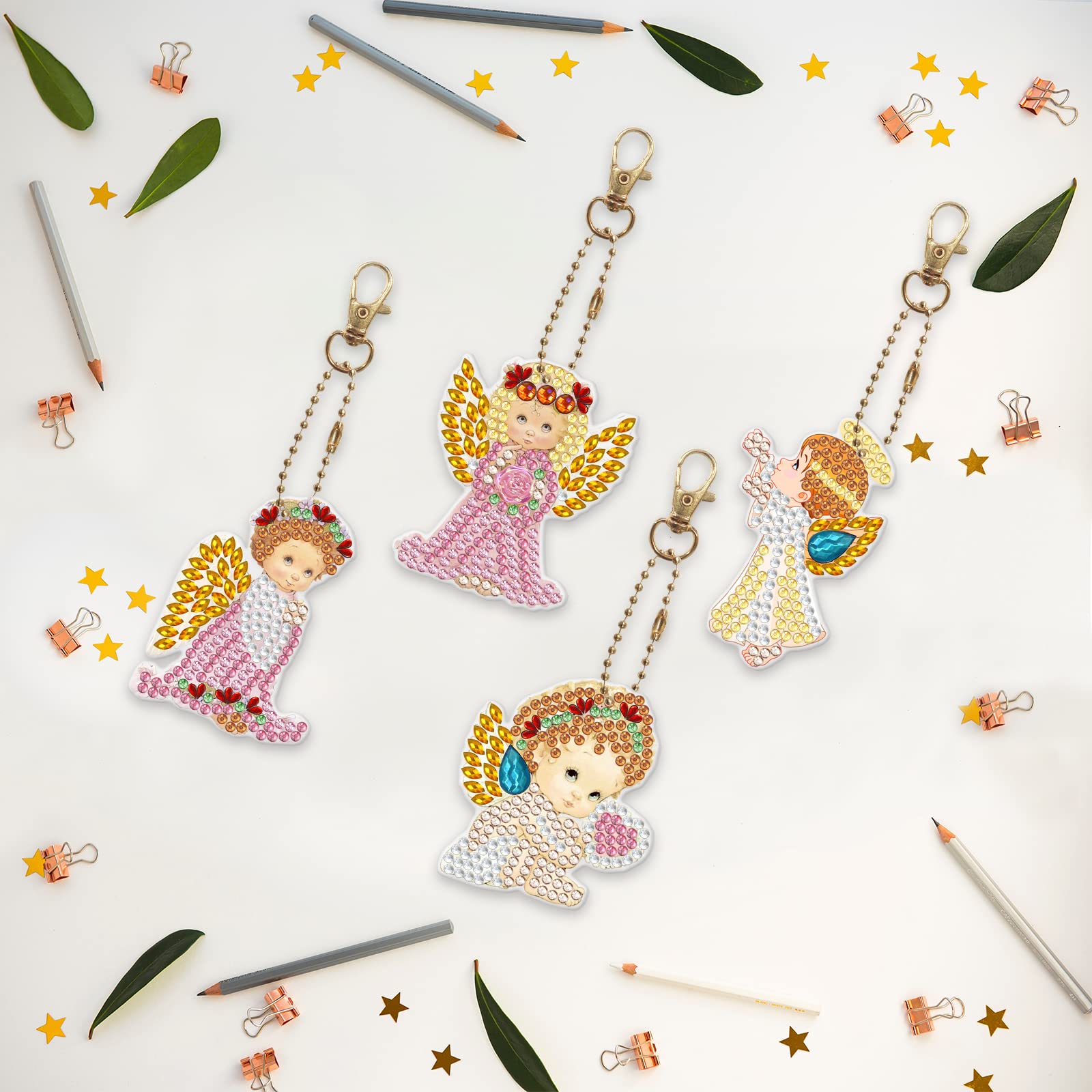 LUSandy 4pcs DIY 5D Angel Diamond Painting Keychain Kits Full Drill Special Shape Crystal Angel Diamond Art Key Chain Key Ring Set for Backpack Shoulder Bag Accessories Adults