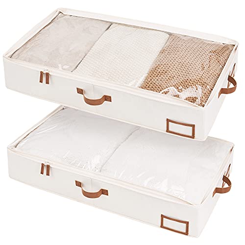 StorageWorks 45L Extra Large Fabric Storage Bins with PU Handles 2-pack, Underbed Storage Box, Under Bed Clothes Organizer With Sturdy Structure and Ultra Thick Fabric 2-pack
