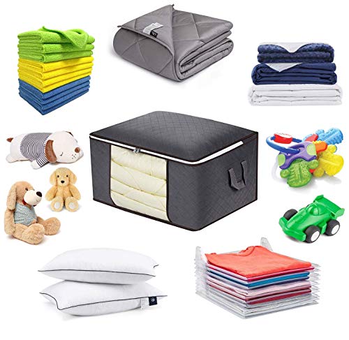 Toocoo Closet Organizer and Clothes Storage Bags with Reinforced Handle, Sturdy Zipper and Clear Window Thick Fabric for Comforters, Blankets, Bedding and Clothing 3 Pack, 90L, Grey …