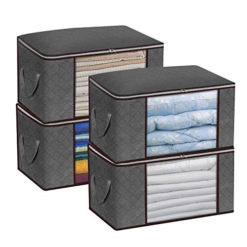 Large Storage Bags,Foldable Organizers Closet with Reinforced Handle Thick Fabric for Comforters,Clothes,Bedding,Blankets,with Double Sturdy Zipper, Clear Window,90L,Grey - 4Pack