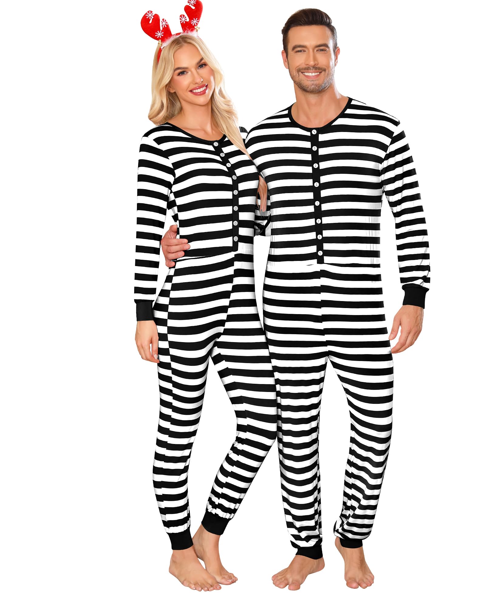 SWOMOG Womens Matching Family Onesie Pajamas Sets Christmas Couple One-Piece Romper Holiday Sleepwear Soft Stripe Clothing