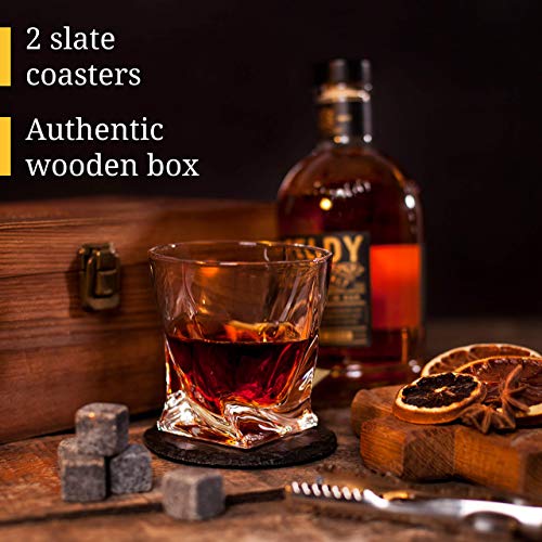 πππ¦π§ ππππ§: Fathers Day Dad Gifts For Men - Whiskey Glass Set of 2 - Bourbon Whiskey Stones Wood Box Gift Set - Includes Crystal Whisky Glasses, Chilling Rocks, Slate Coasters for Scotch Burbon