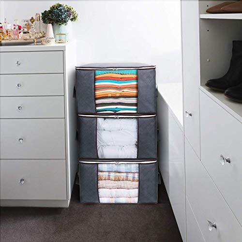 Toocoo Closet Organizer and Clothes Storage Bags with Reinforced Handle, Sturdy Zipper and Clear Window Thick Fabric for Comforters, Blankets, Bedding and Clothing 3 Pack, 90L, Grey …
