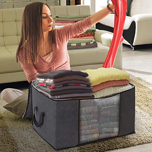Large Storage Bags,Foldable Organizers Closet with Reinforced Handle Thick Fabric for Comforters,Clothes,Bedding,Blankets,with Double Sturdy Zipper, Clear Window,90L,Grey - 4Pack