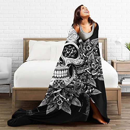 Ceaonact Black and White Sugar Skull Blanket Throw Blanket Fleece Blankets 60''X50''