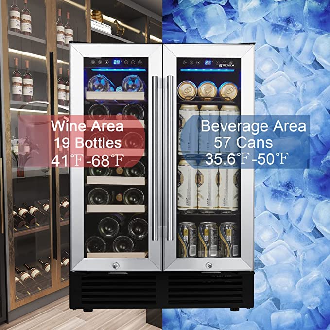 Beverage and Wine Refrigerator, Freestanding or Built-in 24 inch Wine Fridge Dual Zone Wine Cooler with Tempered Glass Door and Temperature Memory Function Wine Cellars for 19 Bottles and 57 Cans