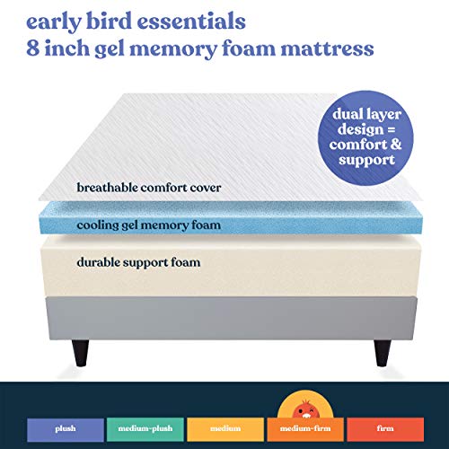 EARLY BIRD Essentials 8 Inch Gel Memory Foam Mattress, Twin XL, Dual Layer Comfort