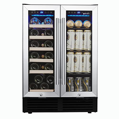 Beverage and Wine Refrigerator, Freestanding or Built-in 24 inch Wine Fridge Dual Zone Wine Cooler with Tempered Glass Door and Temperature Memory Function Wine Cellars for 19 Bottles and 57 Cans
