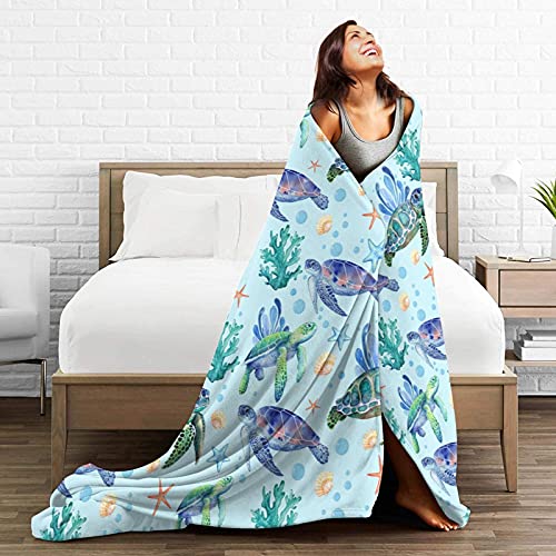 Majoug Sea Turtle Throw Blanket Flannel Fleece Bed Blanket Cozy Air Conditioning Blanket Plush Blanket for Bedroom Living Sofa Car 80"x60"