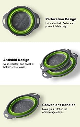 Collapsible Colander - 2 Pc Strainer Plus Portable Food Grade Silicone Measuring Cups and Spoons - Pasta Strainer for Draining, Vegetables, Fruits 1 Medium 4-Quart & 1 Small 2-Quart - Home Essentials