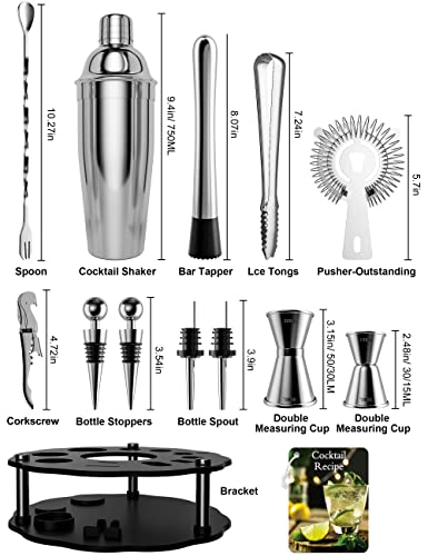 Bokhot Bartender Kit, 14 Piece Cocktail Shaker Set Stainless Steel Bar Tools with Rotating Stand, 25 oz Shaker Tins, Jigger, Spoon, Pourers, Muddler, Strainer, Tongs, Bottle Stoppers, Opener, Recipes