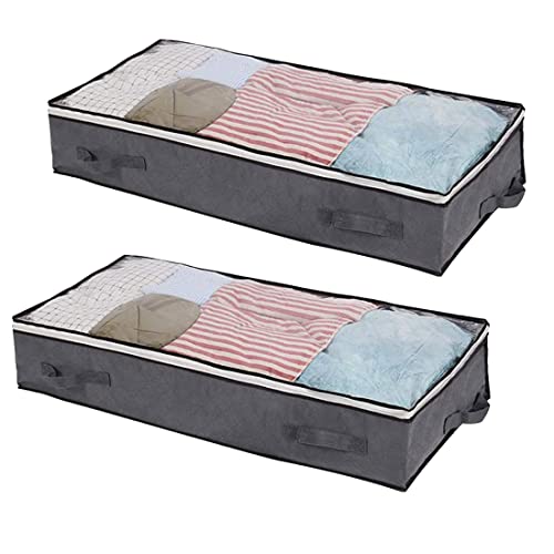 DinQ 2 Pack Queen Under Bed Storage Box with Clear Window, Zip Cover and Reinforced Handles for Clothing, Pillows, Quilts, Quilts, Blankets and Toys - Grey (2 Pack)