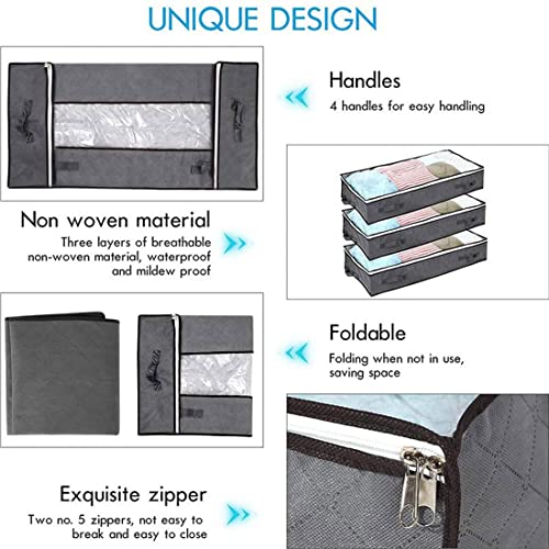 DinQ 2 Pack Queen Under Bed Storage Box with Clear Window, Zip Cover and Reinforced Handles for Clothing, Pillows, Quilts, Quilts, Blankets and Toys - Grey (2 Pack)