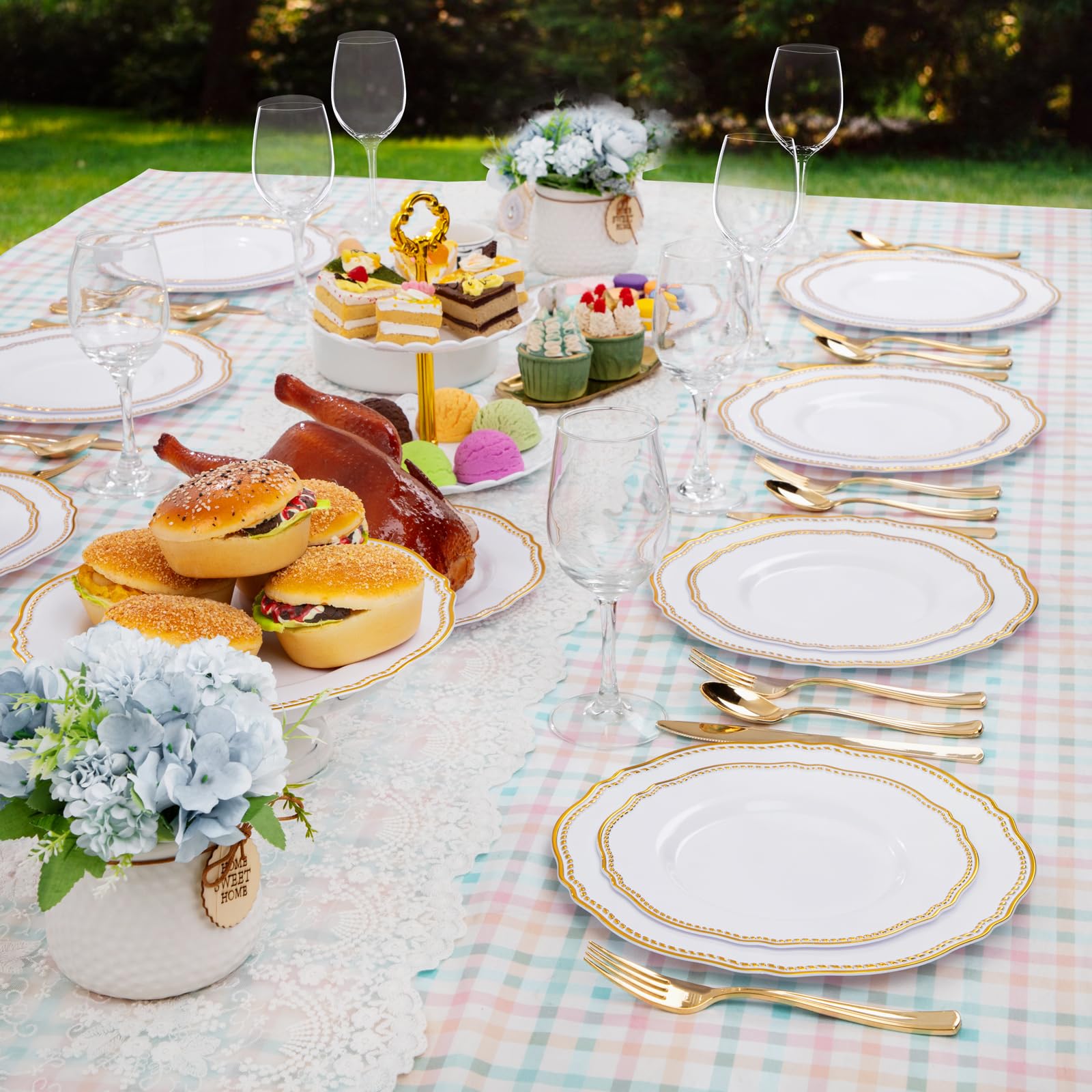 Hioasis 60pcs Gold Plastic Plates - White and Gold Trim Disposable Plates - 10.25 inch Gold Disposable Dinner Plates Perfect for Wedding & Party