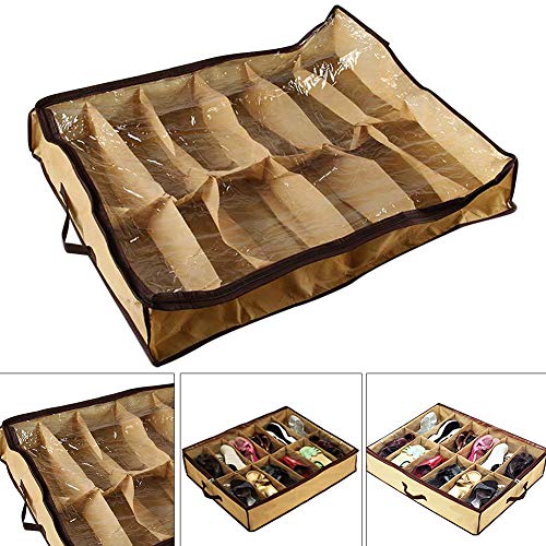 12 Pairs Shoe Tidy Under Bed Storage Organiser Bag Foldable Shoe Storage Box(Beige)