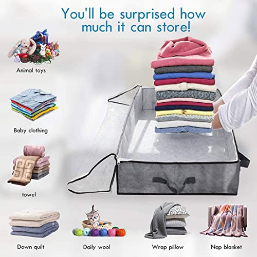 DinQ 2 Pack Queen Under Bed Storage Box with Clear Window, Zip Cover and Reinforced Handles for Clothing, Pillows, Quilts, Quilts, Blankets and Toys - Grey (2 Pack)