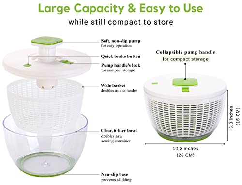 Brieftons QuickPush Salad Spinner: Large 6.3-Quart Vegetable Washer Dryer Strainer Drainer, Easy One-Handed Handle & Brake, Fast Spin Cycles, Compact Storage, to Wash, Clean & Dry Vegetables, Fruits