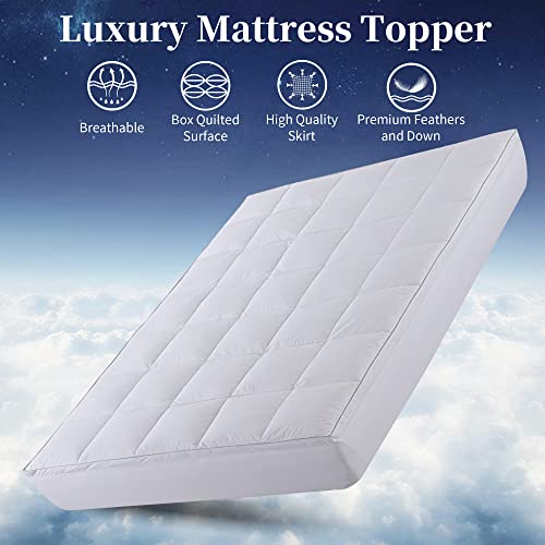 HOMBYS Queen Size Feathers & Down Mattress Pad Cover, Luxury Extra Thick Fluffy Pillow Top Mattress Topper, Fitted Deep Pocket Quilted Bed Topper with 100% Cotton Fabric, Hotel Collection(White,Queen)