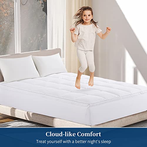 HOMBYS Queen Size Feathers & Down Mattress Pad Cover, Luxury Extra Thick Fluffy Pillow Top Mattress Topper, Fitted Deep Pocket Quilted Bed Topper with 100% Cotton Fabric, Hotel Collection(White,Queen)
