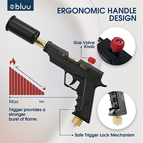 BLUU POWERFUL Cooking Propane Torch- Culinary Blow torch- Sous Vide- Adjustable Flame Thrower Fire Gun with Safety Lock- Campfire Starter- Outdoor Charcoal Lighter for Steak, BBQ and Baking