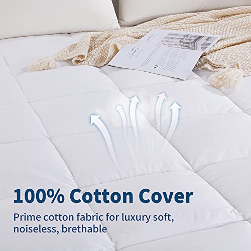 HOMBYS Queen Size Feathers & Down Mattress Pad Cover, Luxury Extra Thick Fluffy Pillow Top Mattress Topper, Fitted Deep Pocket Quilted Bed Topper with 100% Cotton Fabric, Hotel Collection(White,Queen)