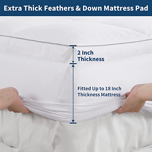 HOMBYS Queen Size Feathers & Down Mattress Pad Cover, Luxury Extra Thick Fluffy Pillow Top Mattress Topper, Fitted Deep Pocket Quilted Bed Topper with 100% Cotton Fabric, Hotel Collection(White,Queen)
