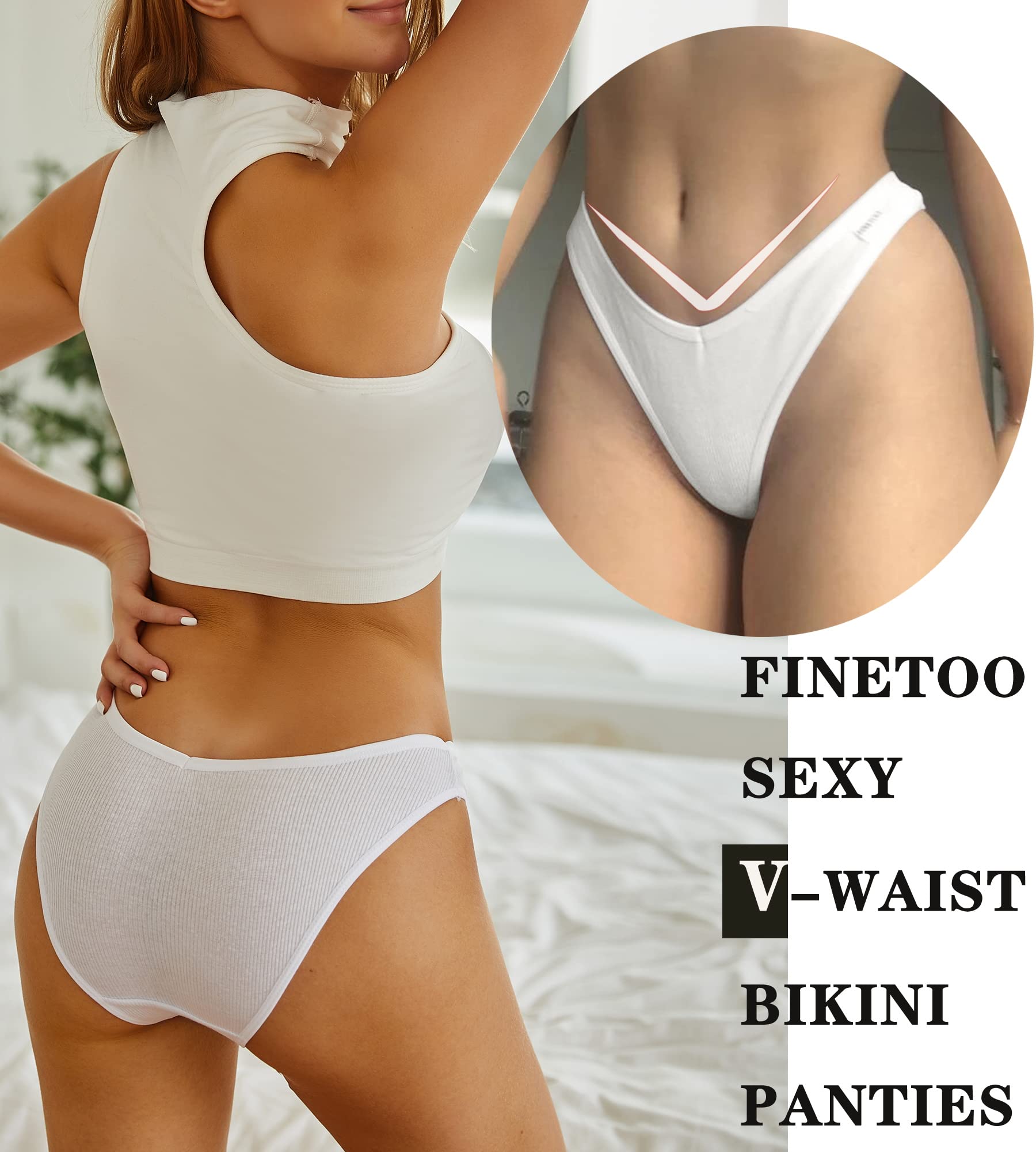 FINETOO Womens Underwear Cotton Bikini Rib Cheeky Panties Sexy V-shaped Waistband Hipster (XL)