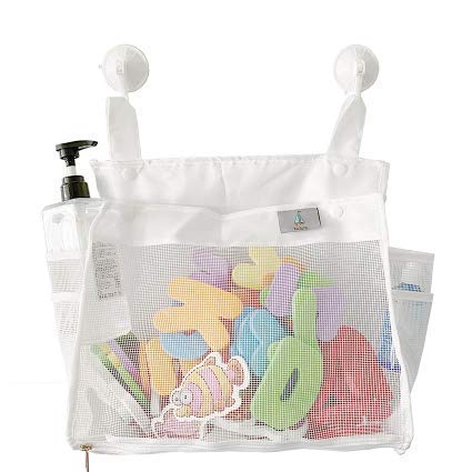 Bathtub Toy Organizer with 4 Suction Sticker Hooks, Two Side Pockets Bottom Zippered, Large Opening and Greater Capacity 