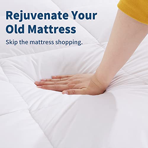 HOMBYS Queen Size Feathers & Down Mattress Pad Cover, Luxury Extra Thick Fluffy Pillow Top Mattress Topper, Fitted Deep Pocket Quilted Bed Topper with 100% Cotton Fabric, Hotel Collection(White,Queen)
