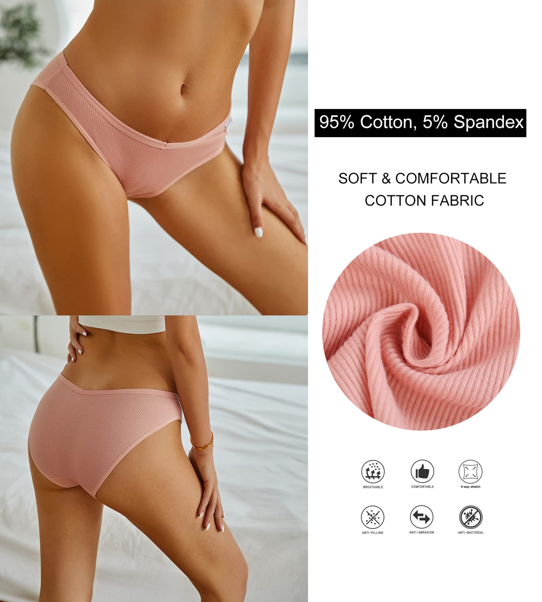 FINETOO Womens Underwear Cotton Bikini Rib Cheeky Panties Sexy V-shaped Waistband Hipster (XL)