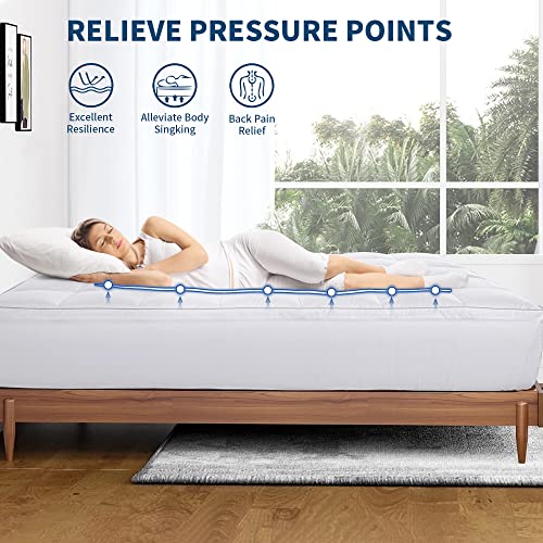 HOMBYS Queen Size Feathers & Down Mattress Pad Cover, Luxury Extra Thick Fluffy Pillow Top Mattress Topper, Fitted Deep Pocket Quilted Bed Topper with 100% Cotton Fabric, Hotel Collection(White,Queen)