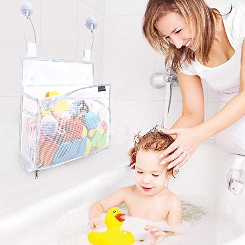 Bathtub Toy Organizer with 4 Suction Sticker Hooks, Two Side Pockets Bottom Zippered, Large Opening and Greater Capacity 