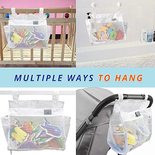 Bathtub Toy Organizer with 4 Suction Sticker Hooks, Two Side Pockets Bottom Zippered, Large Opening and Greater Capacity 