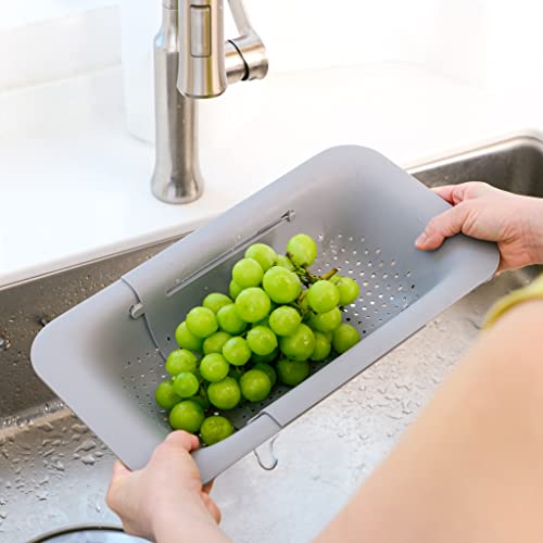 BLUE GINKGO Over the Sink Colander Strainer Basket - Wash Vegetables and Fruits, Drain Cooked Pasta and Dry Dishes - Extendable - New Home Kitchen Essentials (7.9 W x 14.5-19.5 L x 2.75 H) - Gray