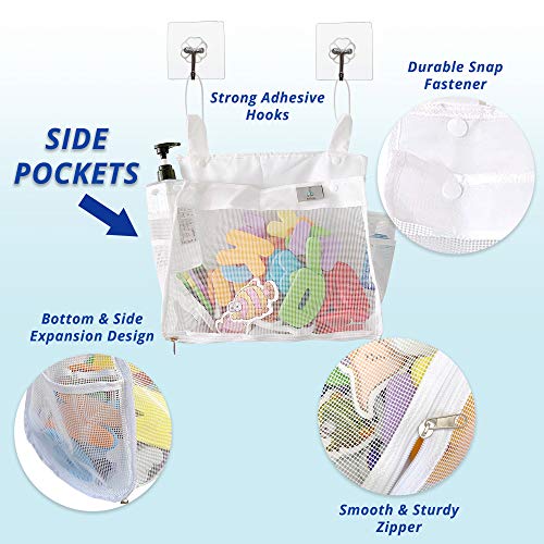 Bathtub Toy Organizer with 4 Suction Sticker Hooks, Two Side Pockets Bottom Zippered, Large Opening and Greater Capacity 