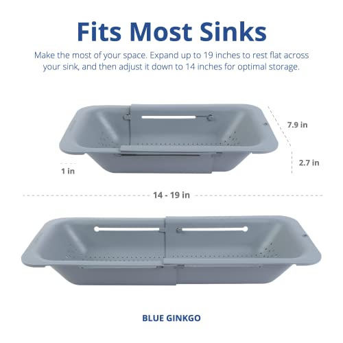 BLUE GINKGO Over the Sink Colander Strainer Basket - Wash Vegetables and Fruits, Drain Cooked Pasta and Dry Dishes - Extendable - New Home Kitchen Essentials (7.9 W x 14.5-19.5 L x 2.75 H) - Gray