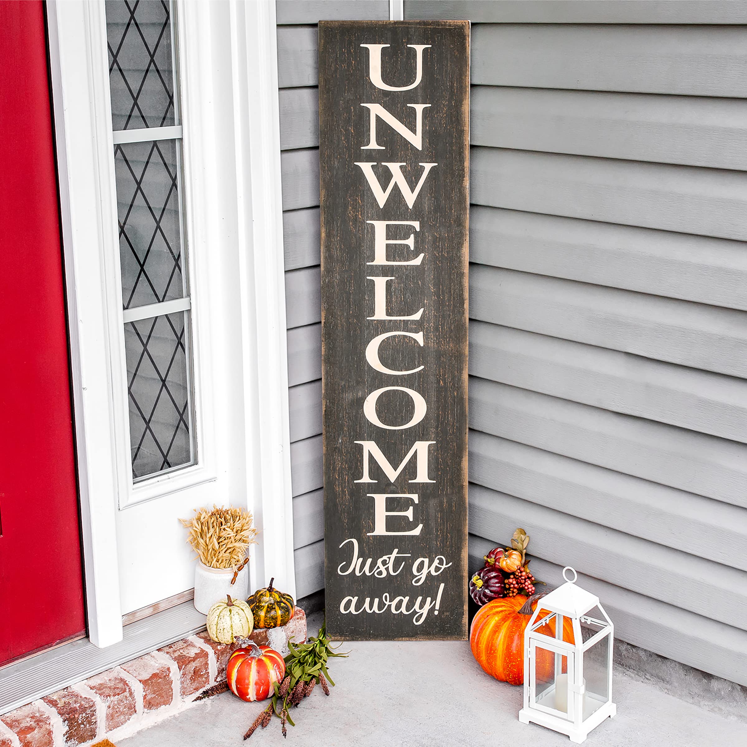 National Tree Company Hanging Porch Sign, Gray, Unwelcome, Just Go Away', Wooden Construction, Halloween Collection, 39 Inches