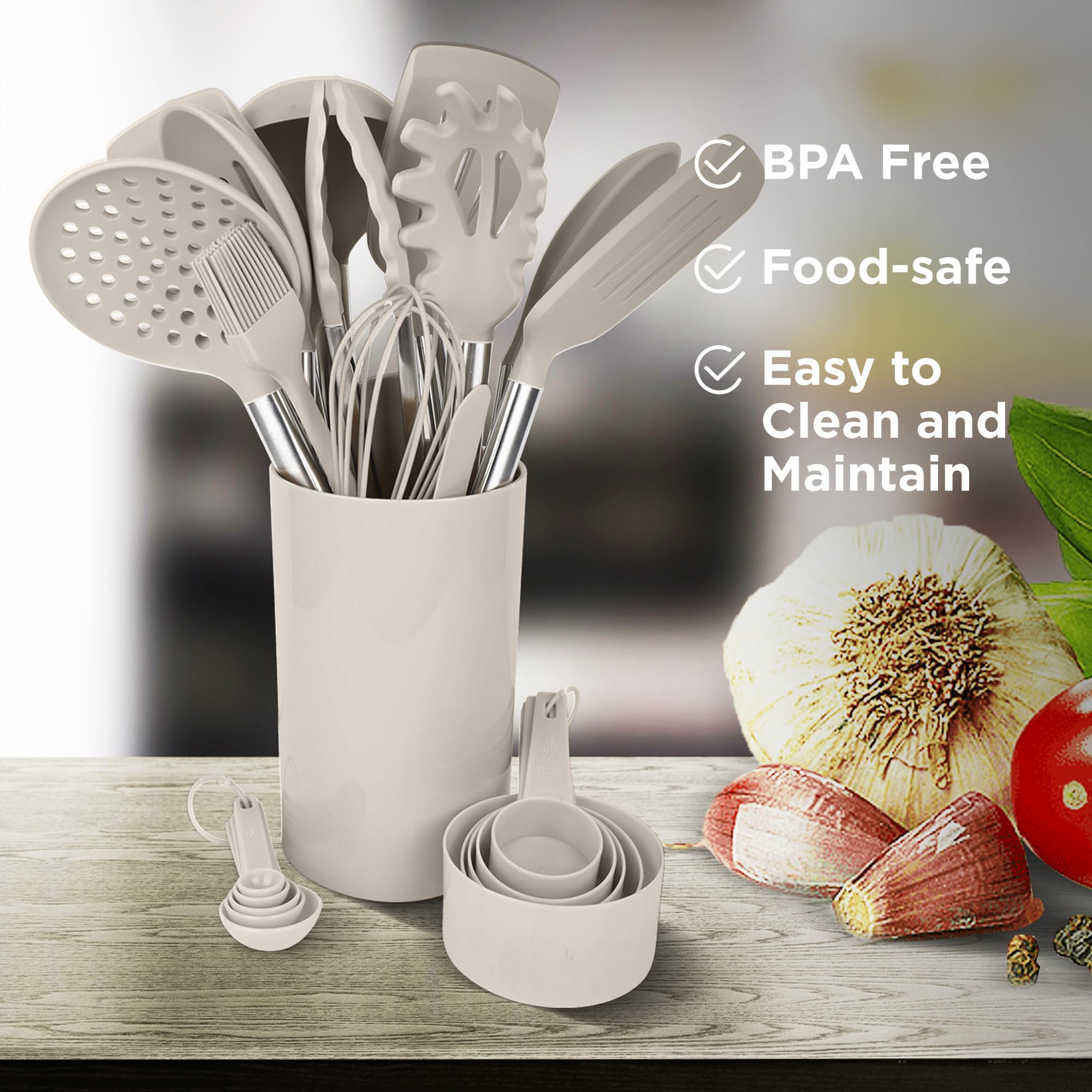 Silicone Kitchen Utensils Set - Culinary Couture 24-Pieces Khaki Silicone Cooking Utensils Set for Nonstick Cookware - Silicone Spatulas Set, Stainless Steel Handle & Other Kitchen accessories