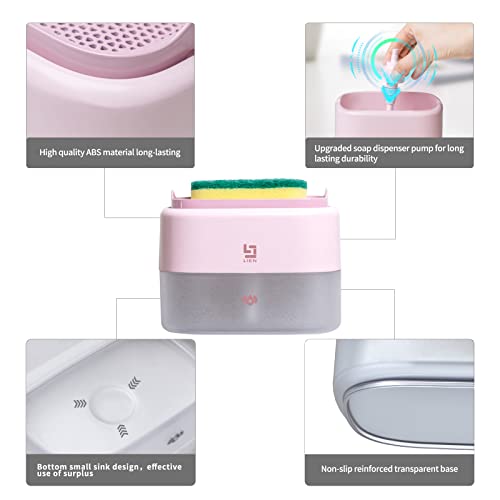 LIEN Dish Soap Dispenser Pump and Sponge Holder, 2 in 1 Dish Washing Soap Dispenser Caddy for Kitchen, 10.5 Ounces (Sakura Pink)